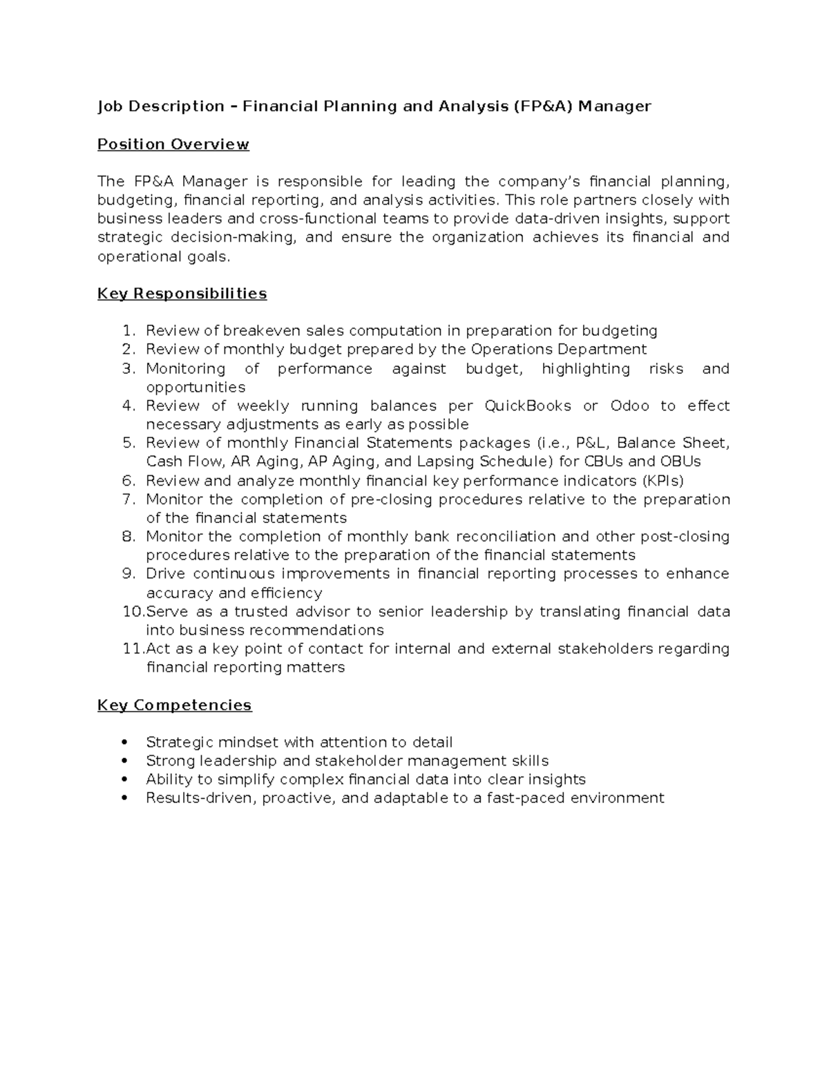 Job Description: Financial Planning & Analysis Manager Role - Studocu