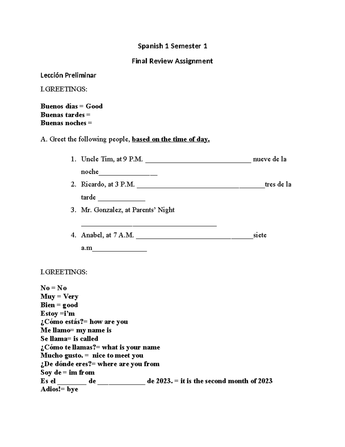 Spanish 1 Sem 1 Final Review: Key Concepts & Vocabulary - Studocu