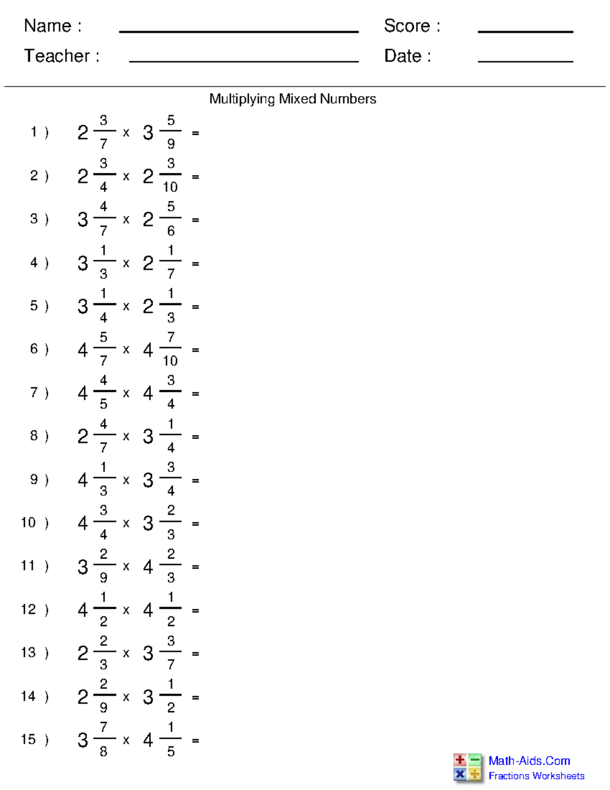 Multiplying Mixed Numbers Practice Worksheet - Studocu