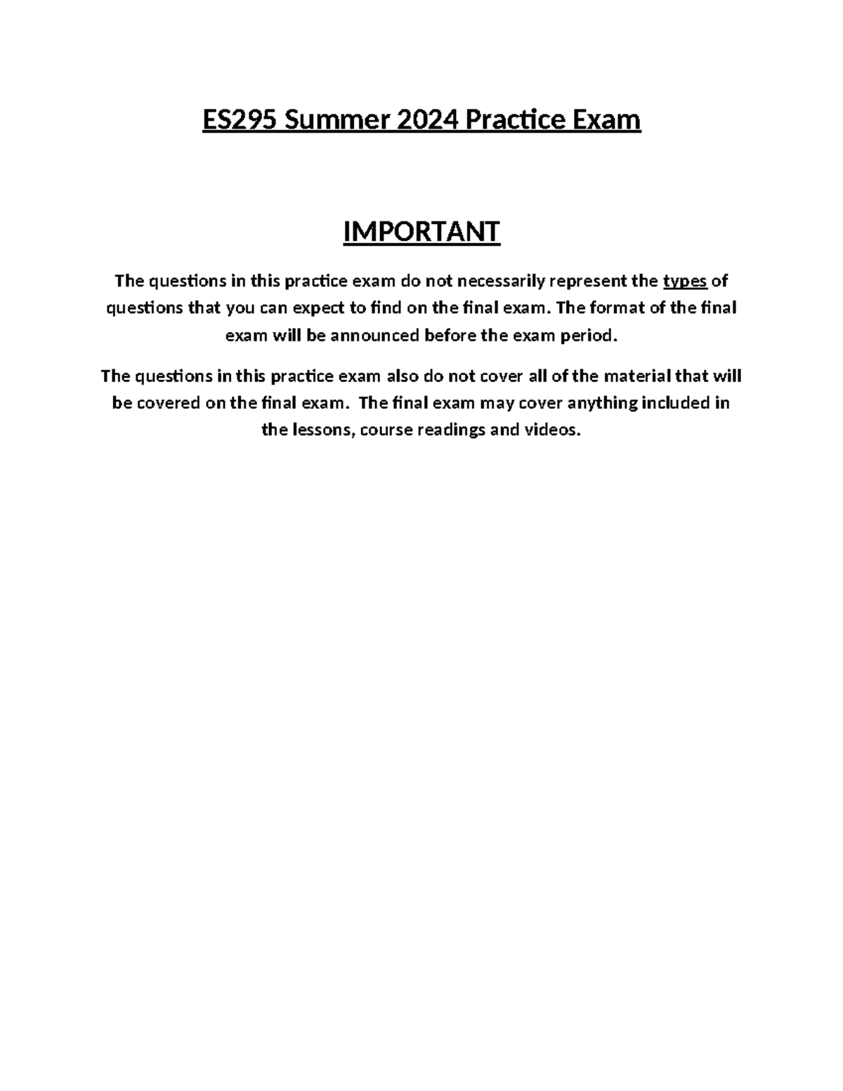 ES295 Summer 2024 Practice Exam: Key Concepts and Questions Guide - Studocu