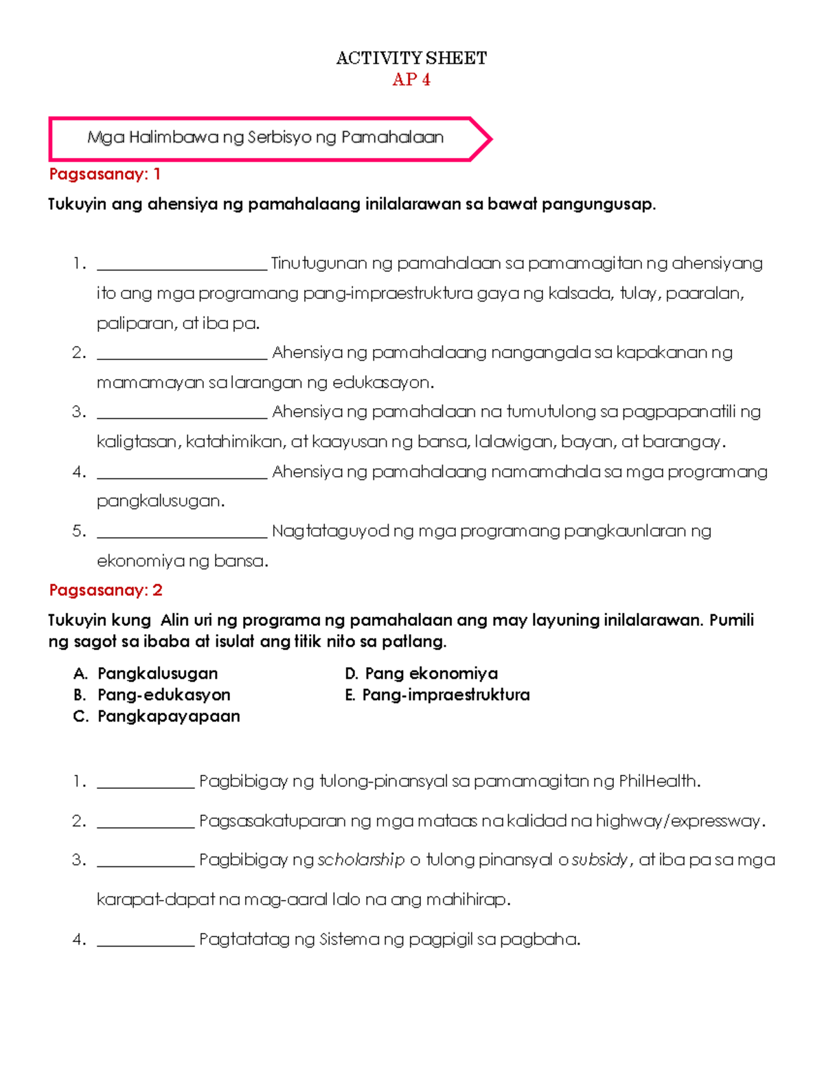 AP4 - Sample Activity Sheet - ACTIVITY SHEET AP 4 Pagsasanay: 1 Tukuyin ...