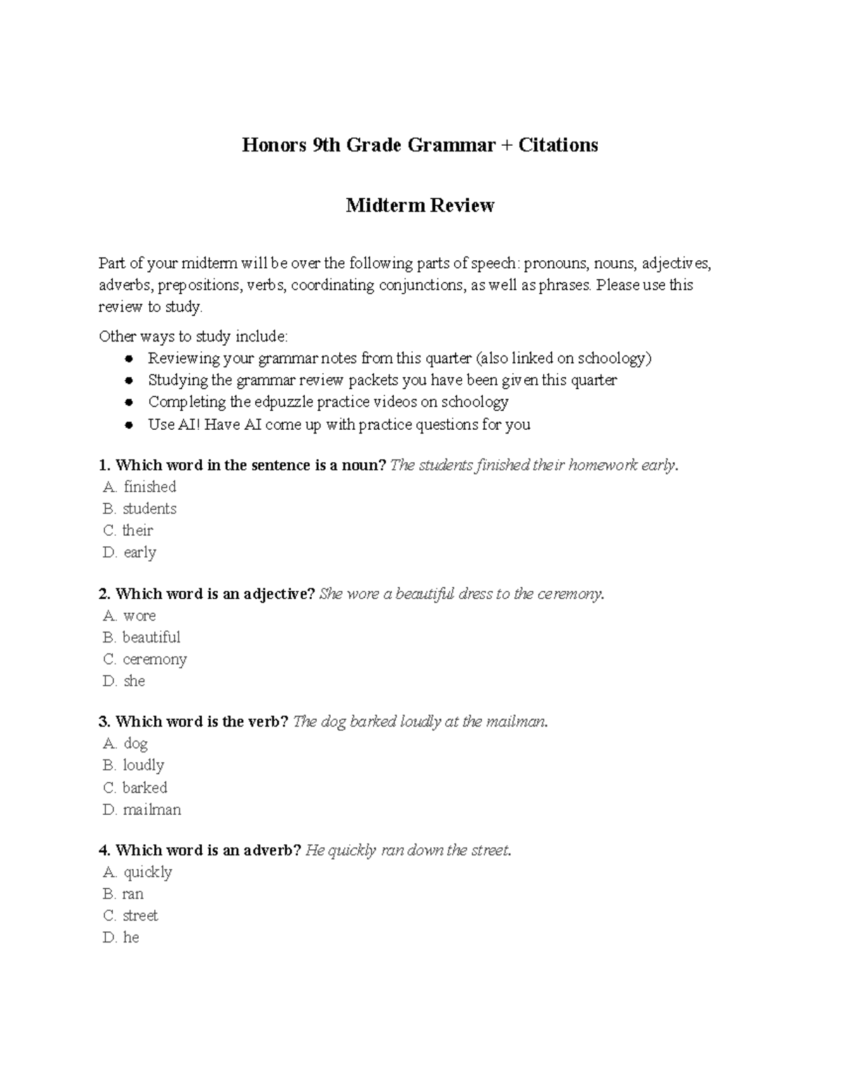 Honors 9th Grade Grammar & Citations Midterm Review - Studocu