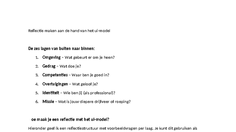 Reflectie volgens het Ui-model: Structuur en Voorbeeldvragen - Studocu