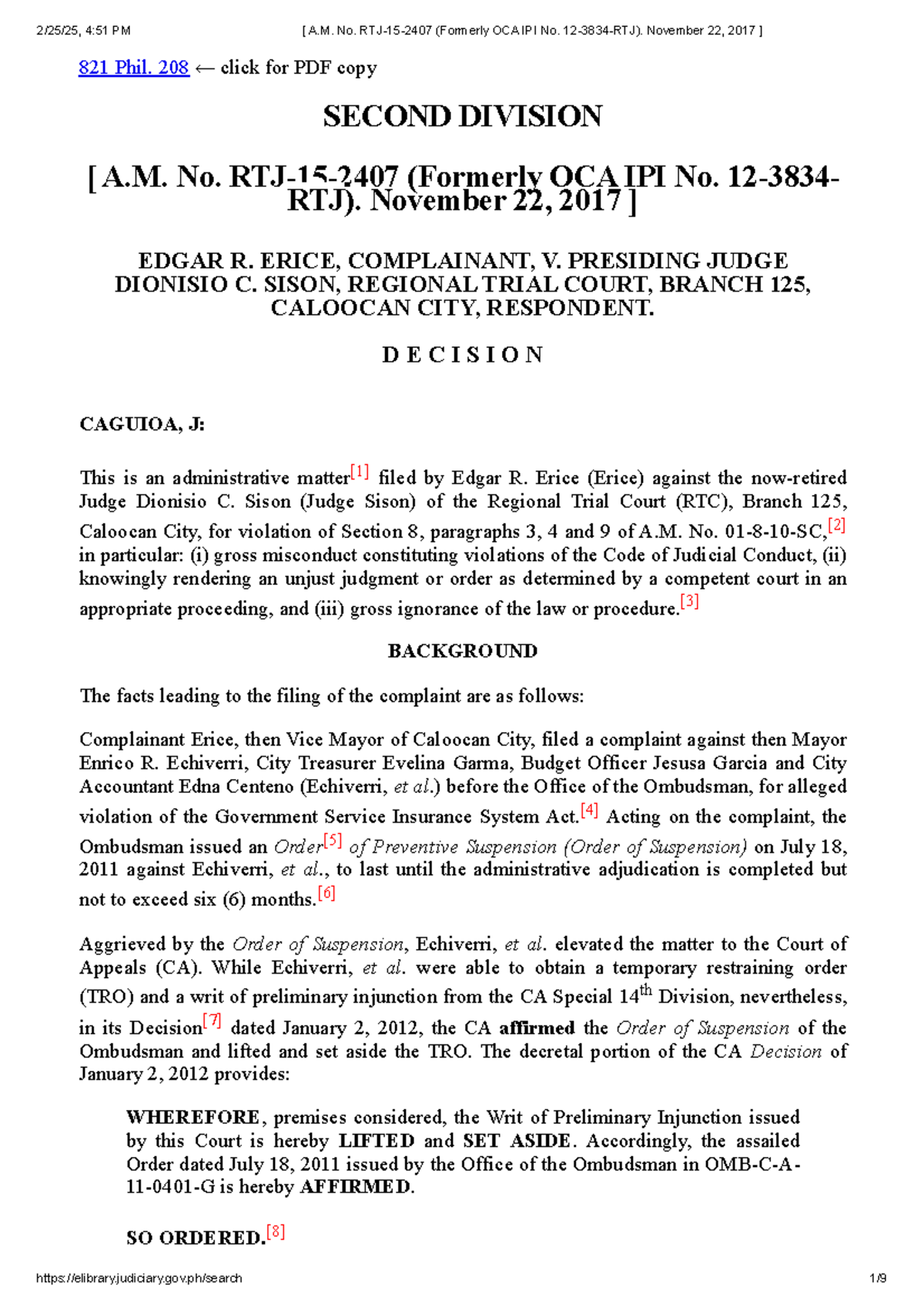 A.M. No. 821 Phil. 208: Erice vs. Sison - Judicial Misconduct Decision ...