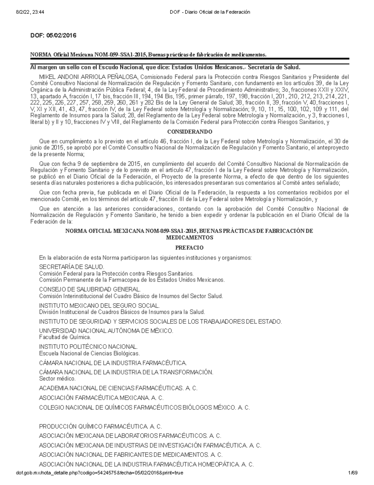 Norma Oficial Mexicana NOM-059-SSA1-2015 Buenas prácticas de fabricacion de medicamentos - Al ...