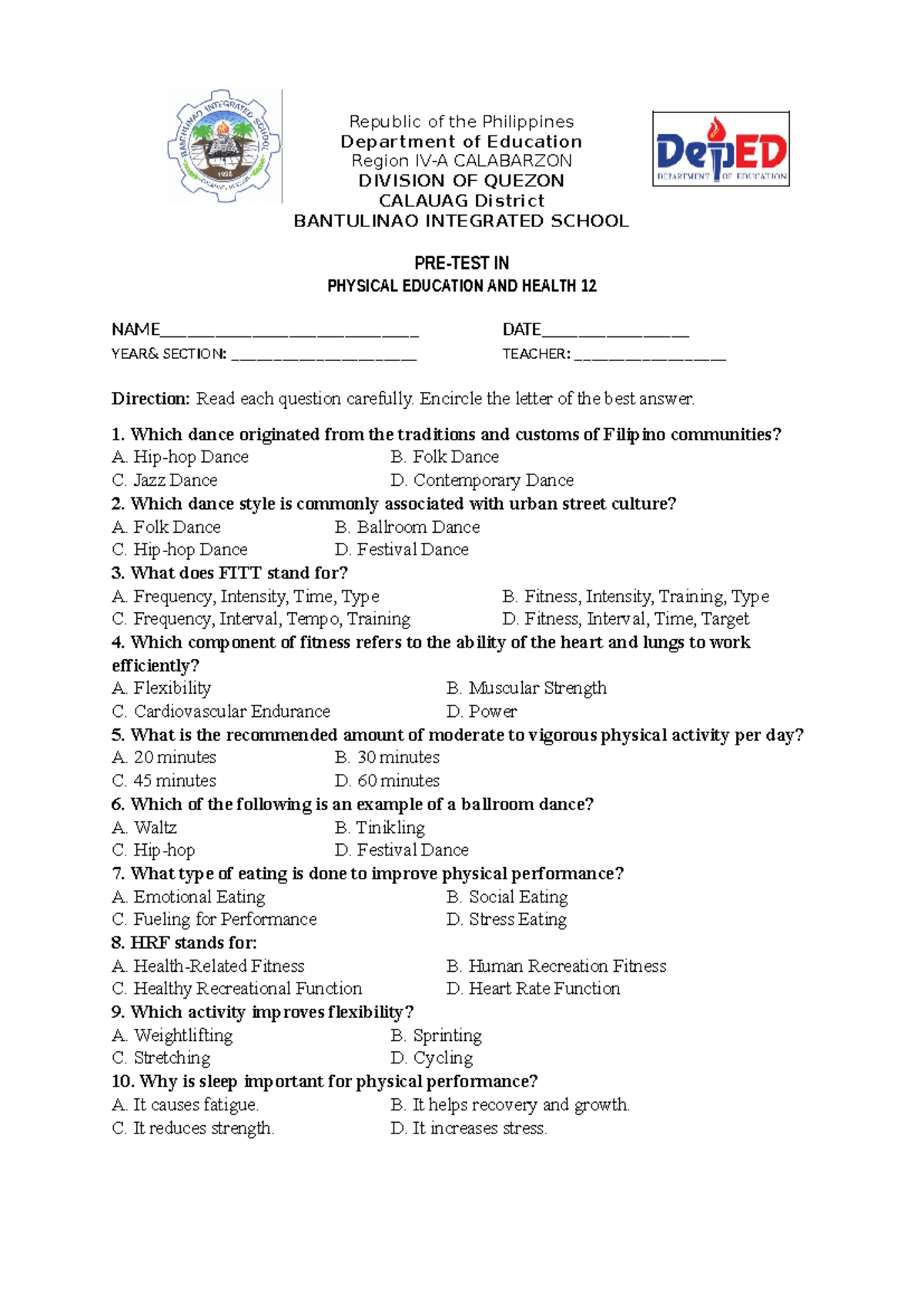 PE 12 First Term Pre-Test: Physical Education & Health Concepts - Studocu