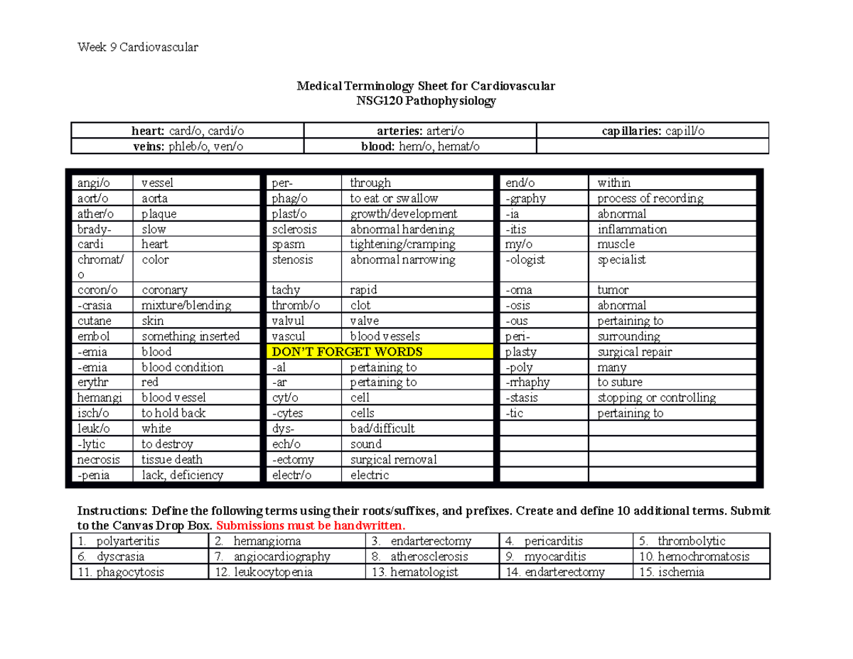 Module 9 Medical Terminology Sheet for Cardiovascular System - Medical ...