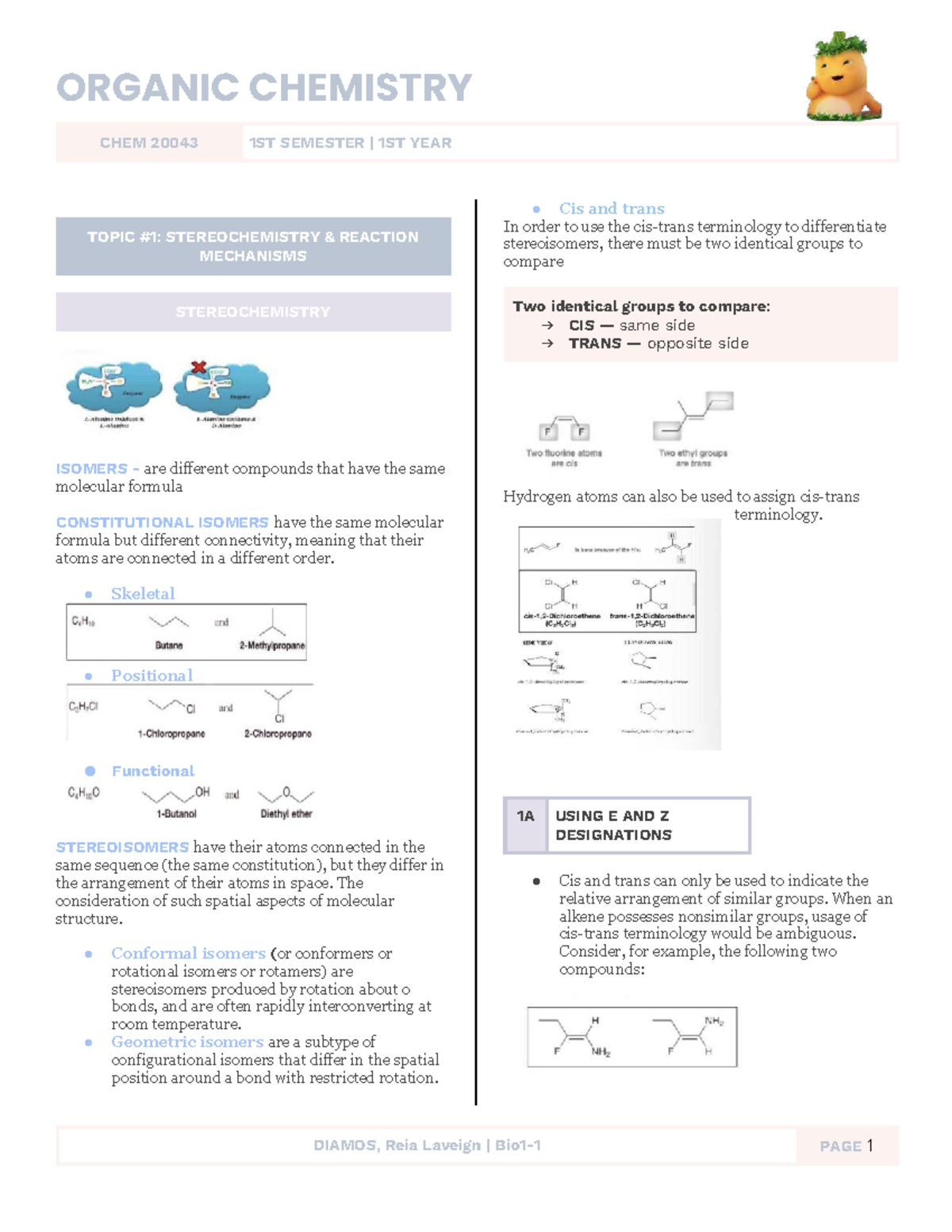 Organic Chemistry CHEM 20043 1st Sem 1st Year: Stereochemistry ...