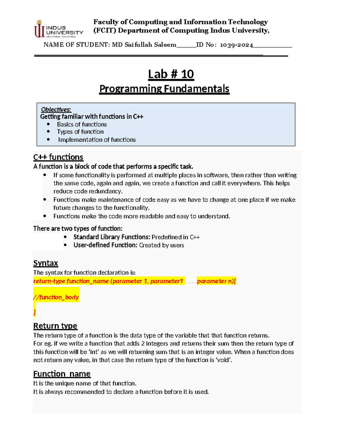 Lab 10: Functions in Programming Fundamentals (FCIT) - Studocu