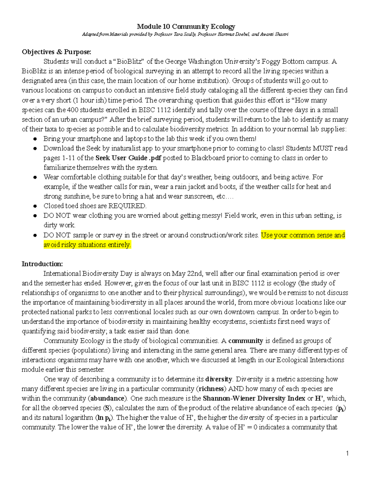 Module 10: Community Ecology BioBlitz Lab Guide (BISC 2026) - Studocu