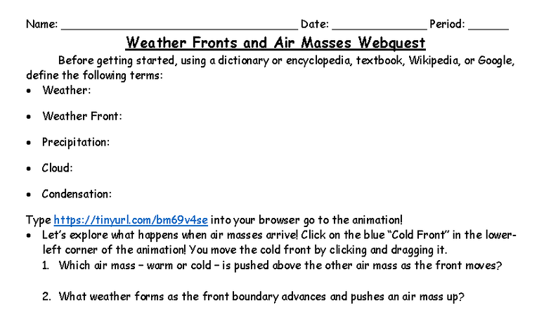 Weather Fronts and Air Masses Webquest Key-1 - Studocu
