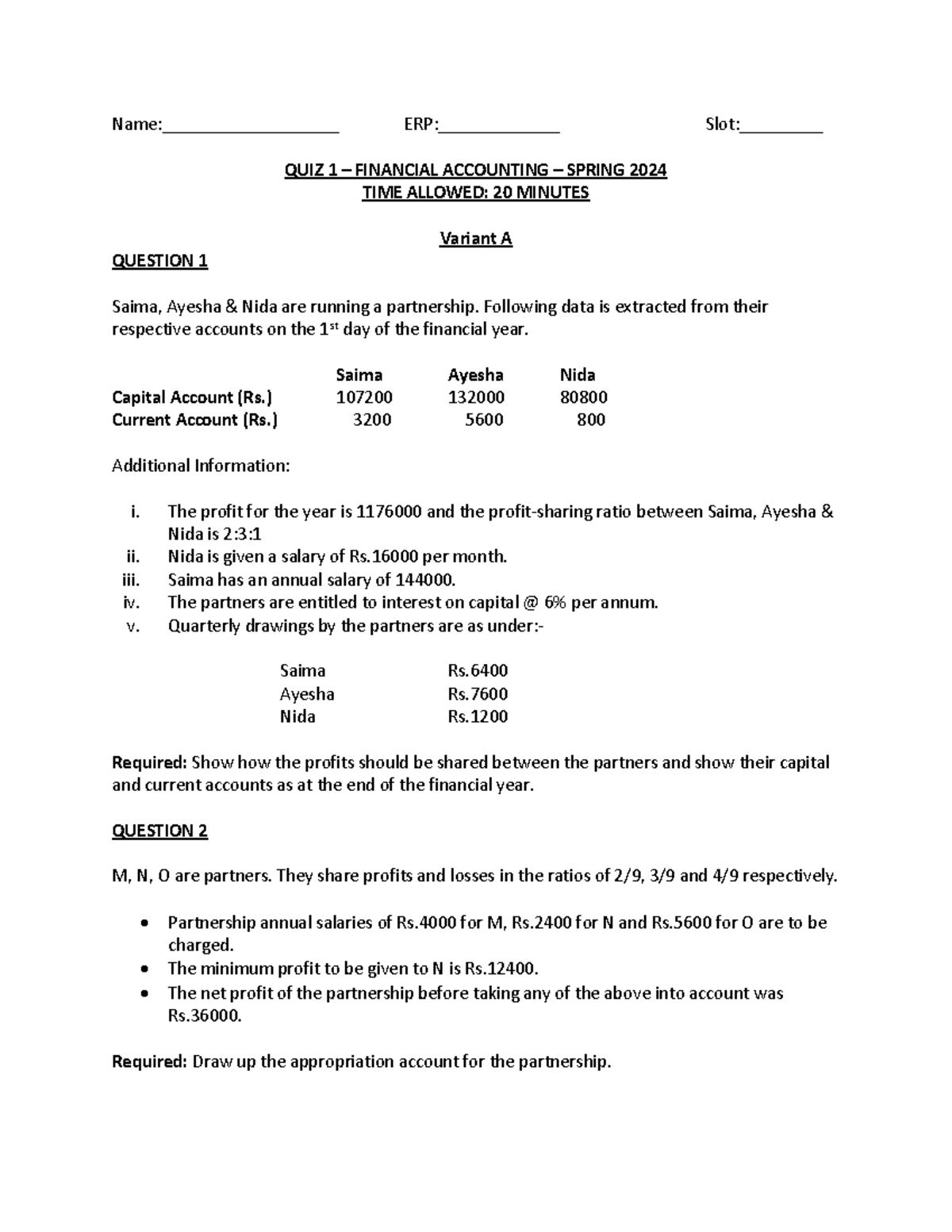 Quiz 1 Solutions - Financial Accounting (FIN 101) Appropriation Account ...