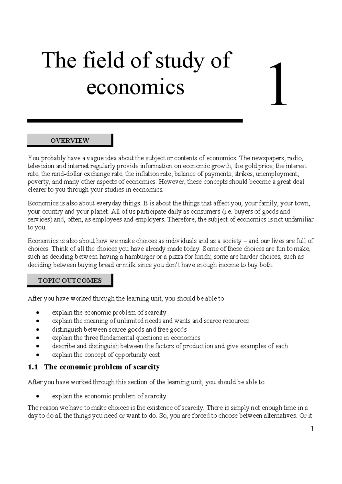 Understanding Opportunity Cost in Economics: An ECS1501 Overview - Studocu