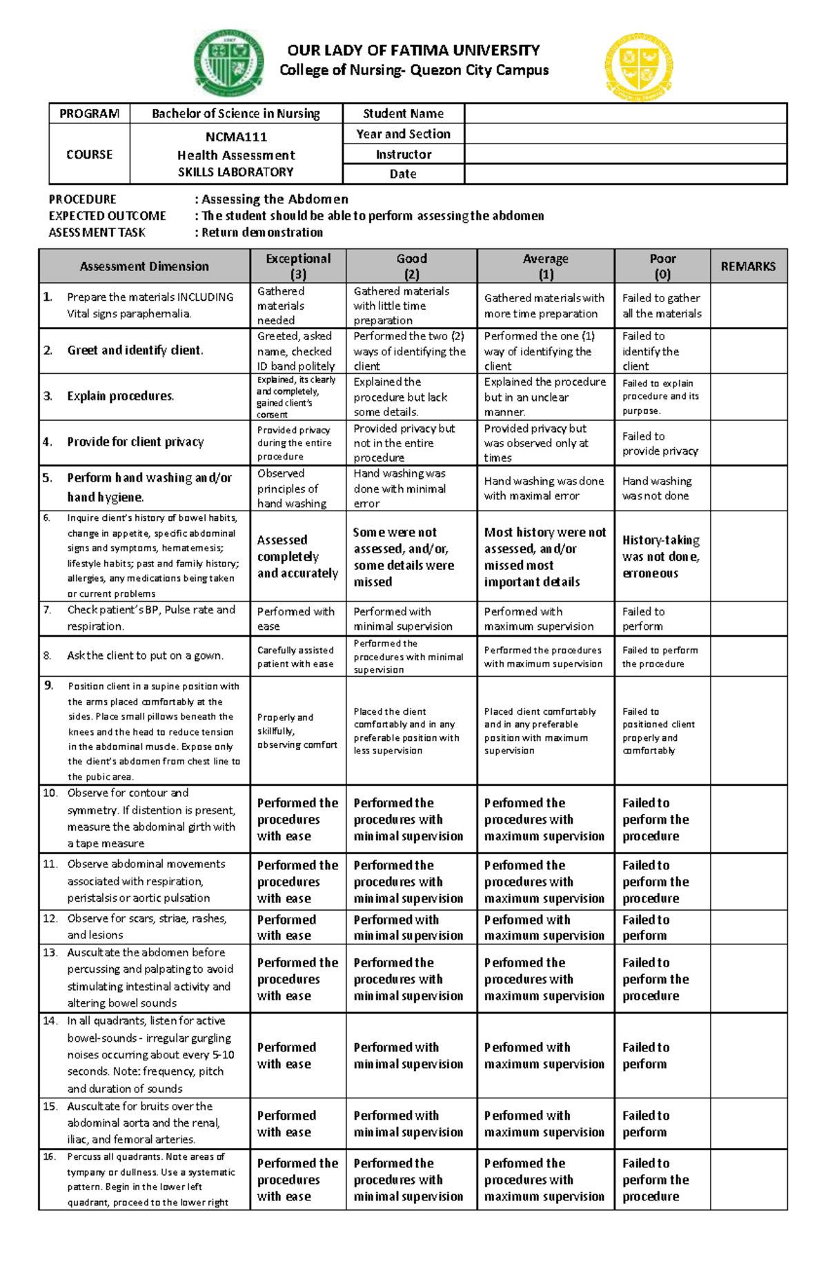 QC Nursing 101: Skills Lab Rubric for Abdomen Assessment - Studocu