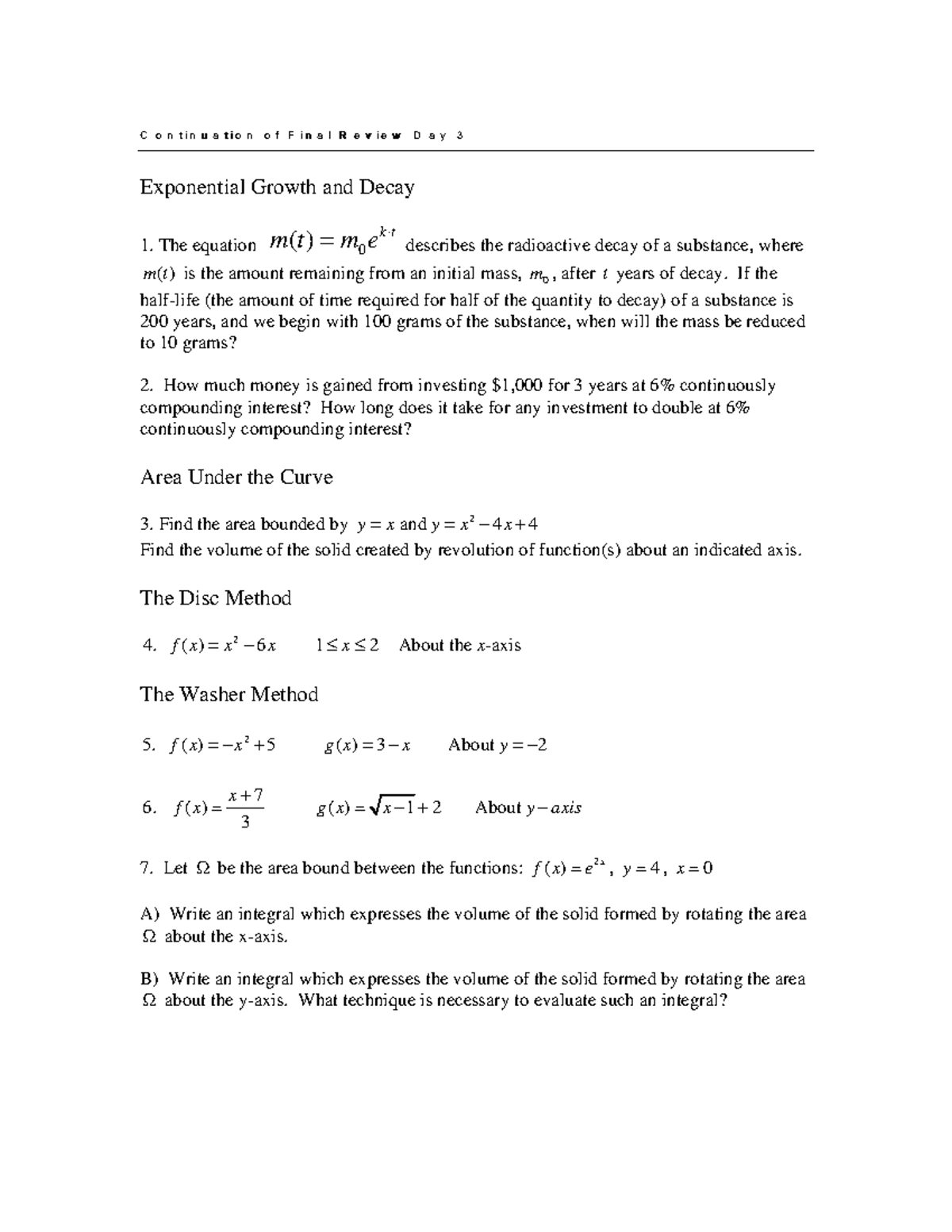 Continuation of Final Review Day 3: Exponential Growth & Area Under ...