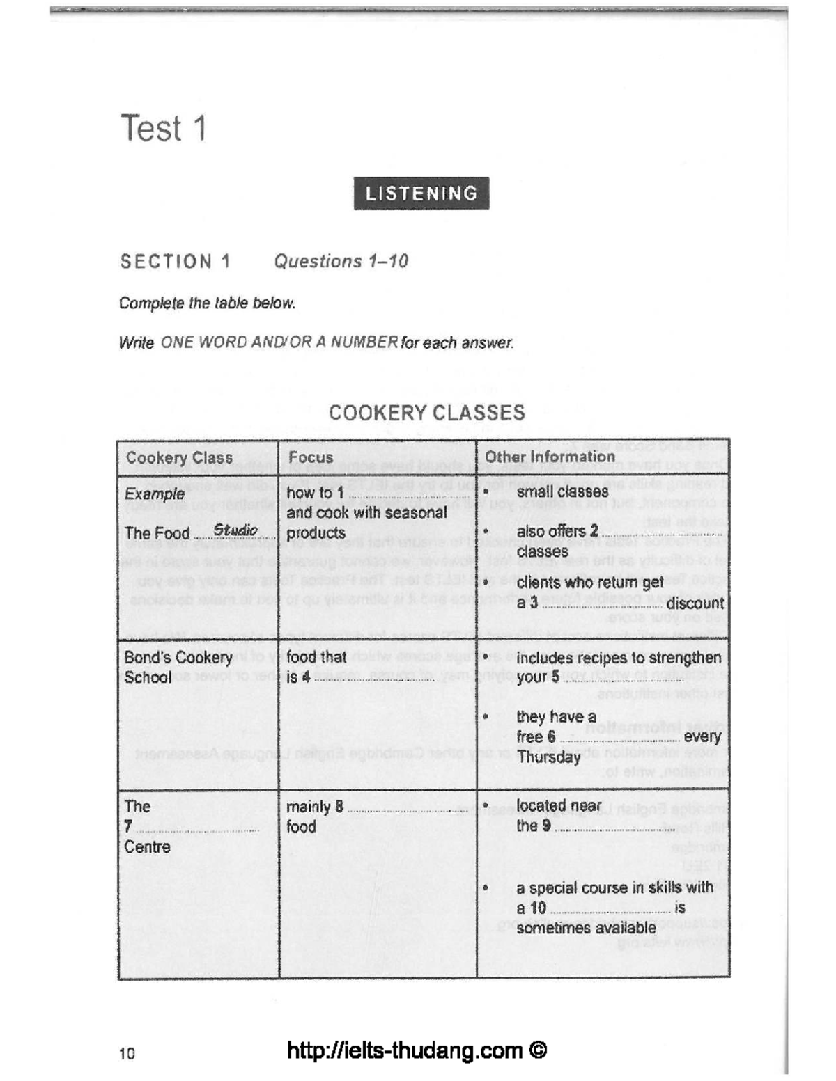 Test 1 Listening Section Questions and Answers - COOKERY CLASSES - Studocu