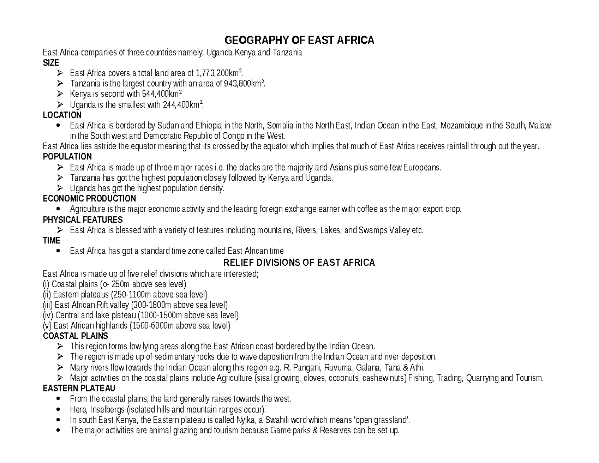 Geography of East Africa: Key Concepts and Relief Divisions Notes - Studocu