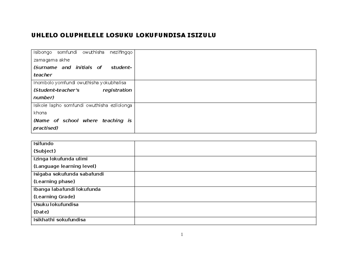 Isizulu Lesson PLAN Template 084841 - UHLELO OLUPHELELE LOSUKU ...