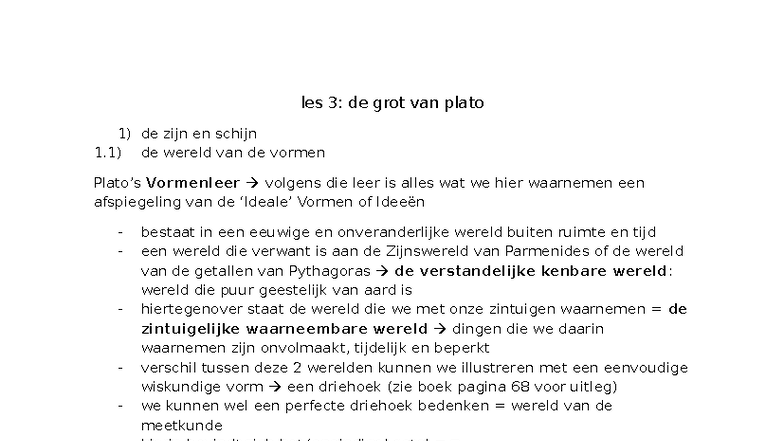 Les 3: De Grot van Plato - Filosofie en Kennisleer - Studocu