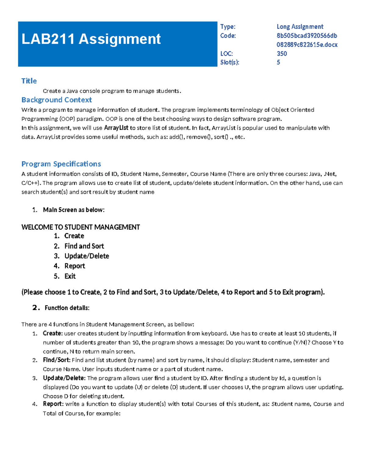 LAB211 Long Assignment: Java Student Management Program - Studocu