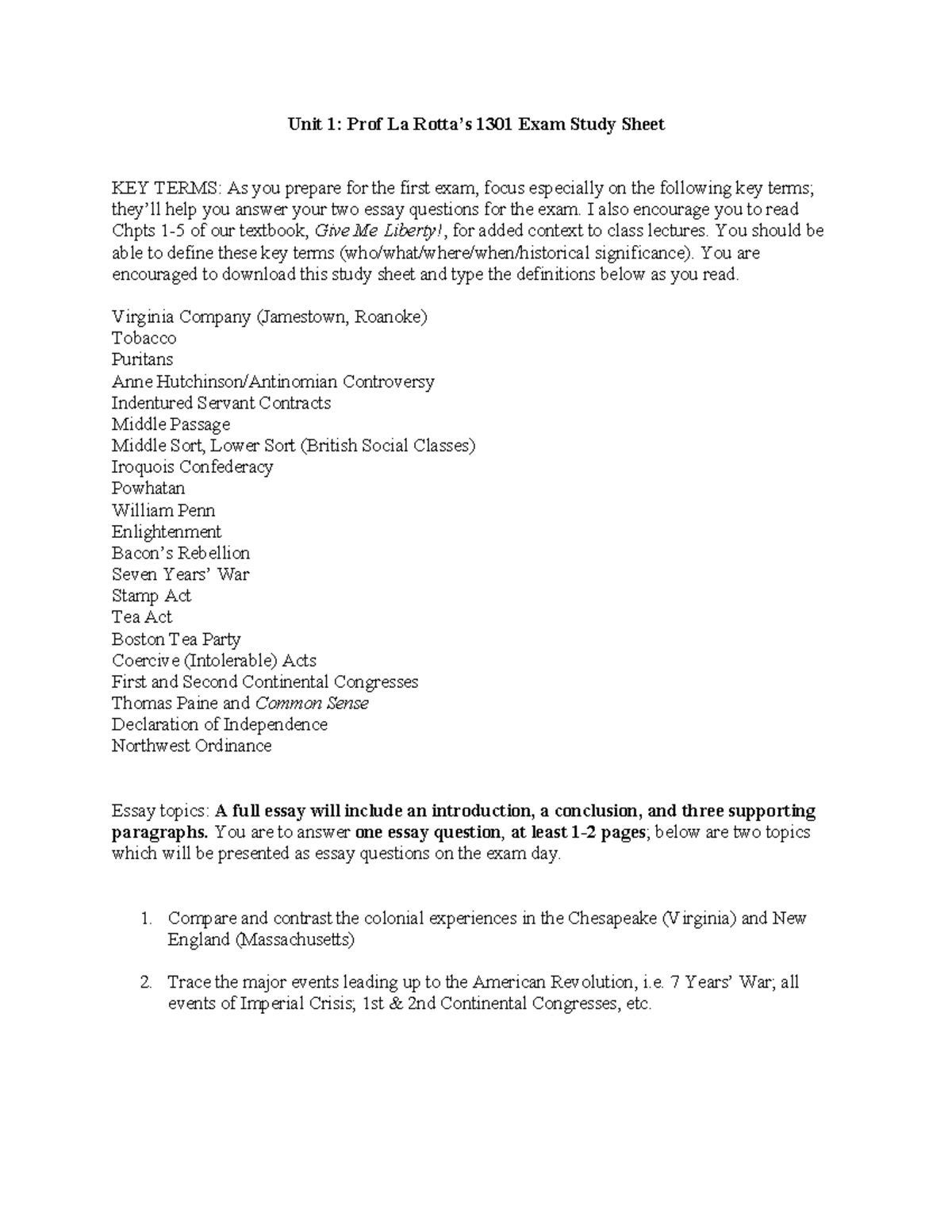 Unit 1: Prof La 1301 Exam Study Sheet - Key Terms & Essay Topics - Studocu
