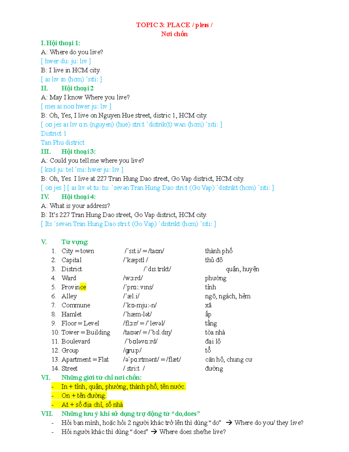 TOPIC 3: PLACE - Dialogue & Vocabulary Notes (ENG 101) - Studocu