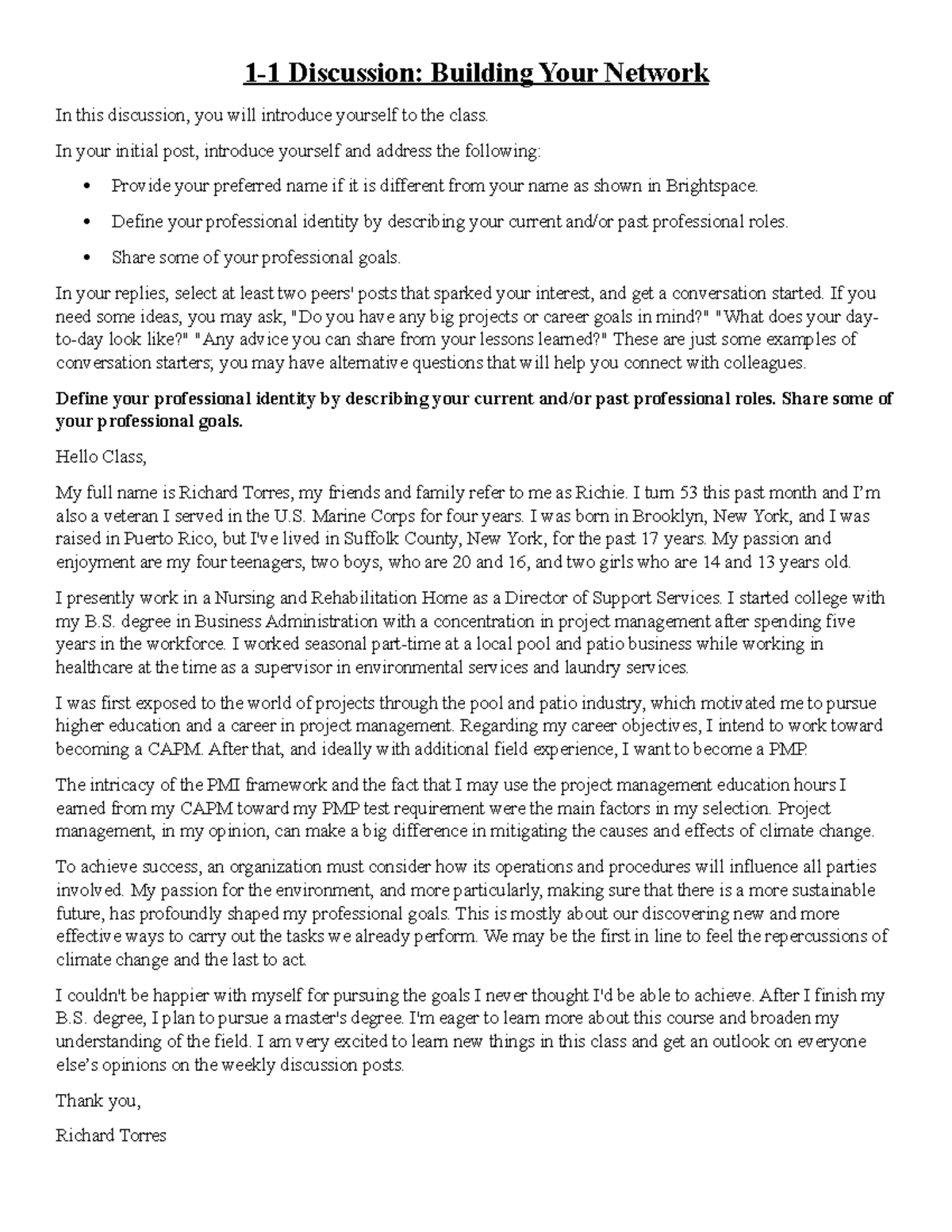 1-1 Discussion: Building Your Network and Professional Goals - Studocu