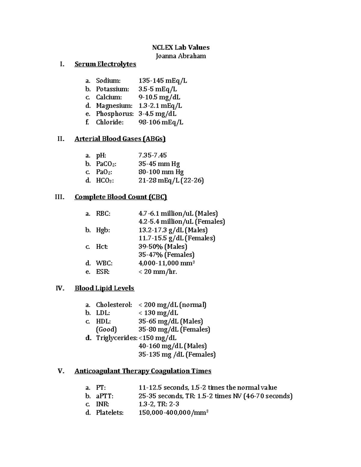 Nclex Lab Values - NCLEX Lab Values Joanna Abraham I. Serum ...