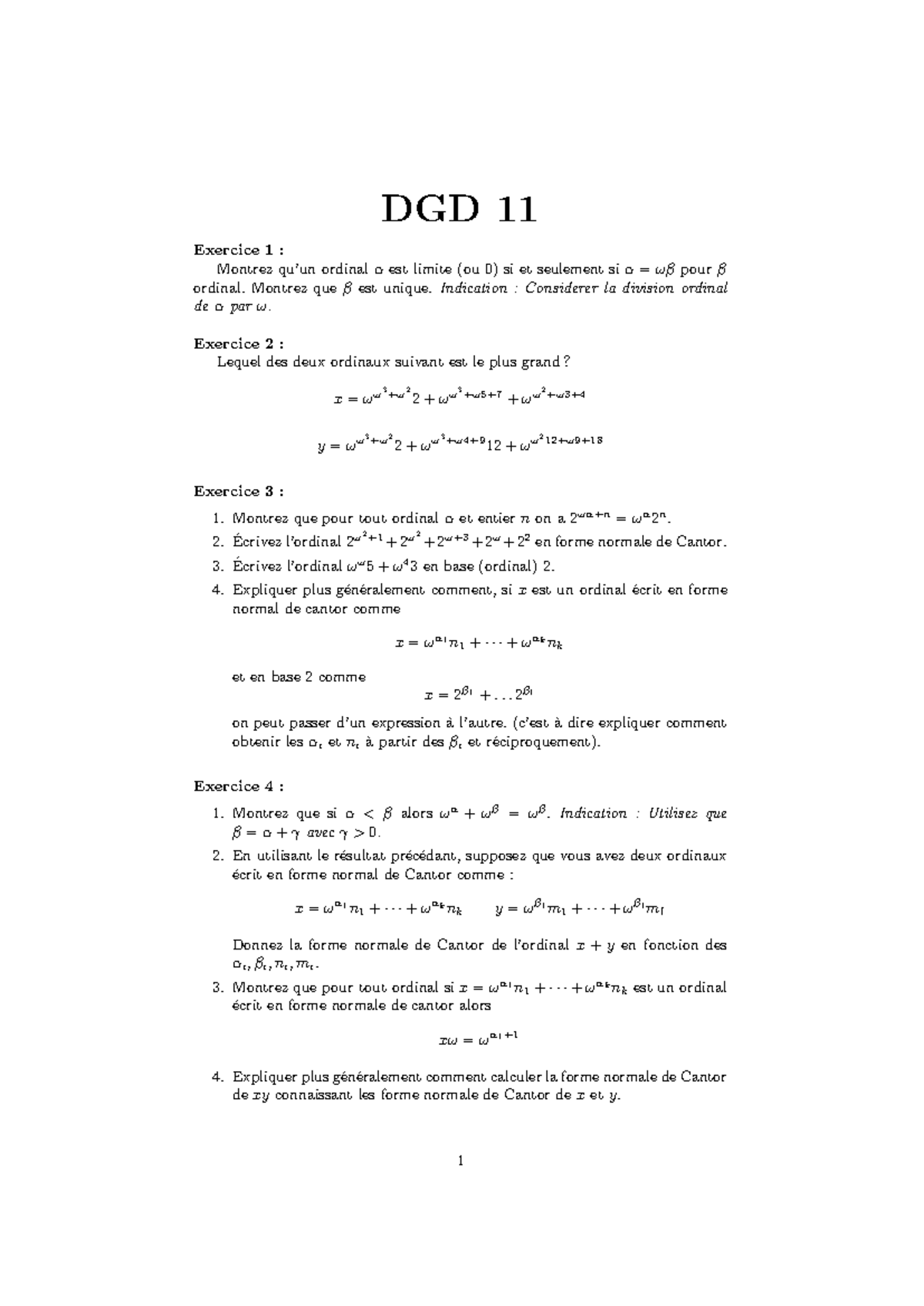 DGD 11 - Exercices sur les Ordinals et la Forme Normale de Cantor - Studocu