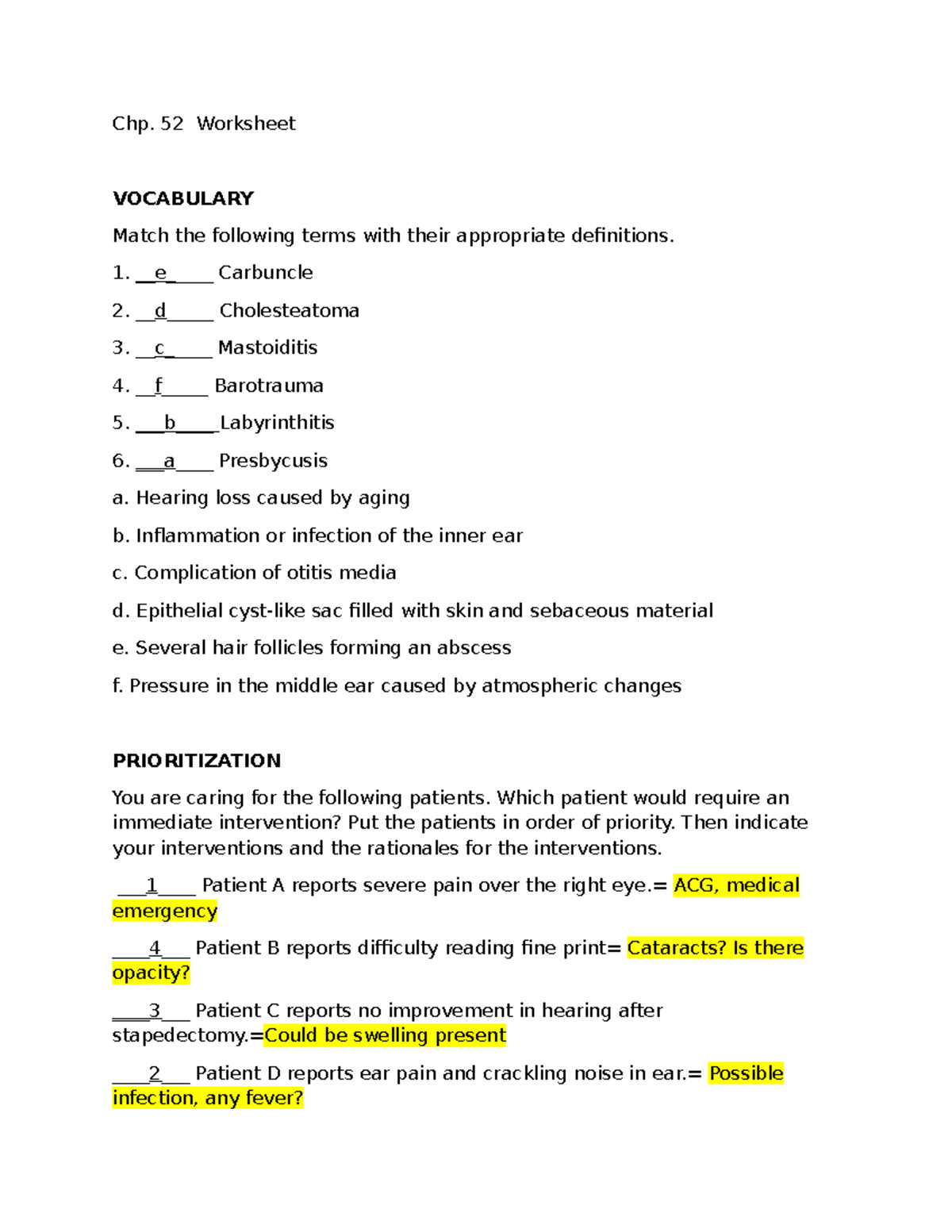 Chp. 52 Vocabulary Worksheet & Patient Care Prioritization - Studocu