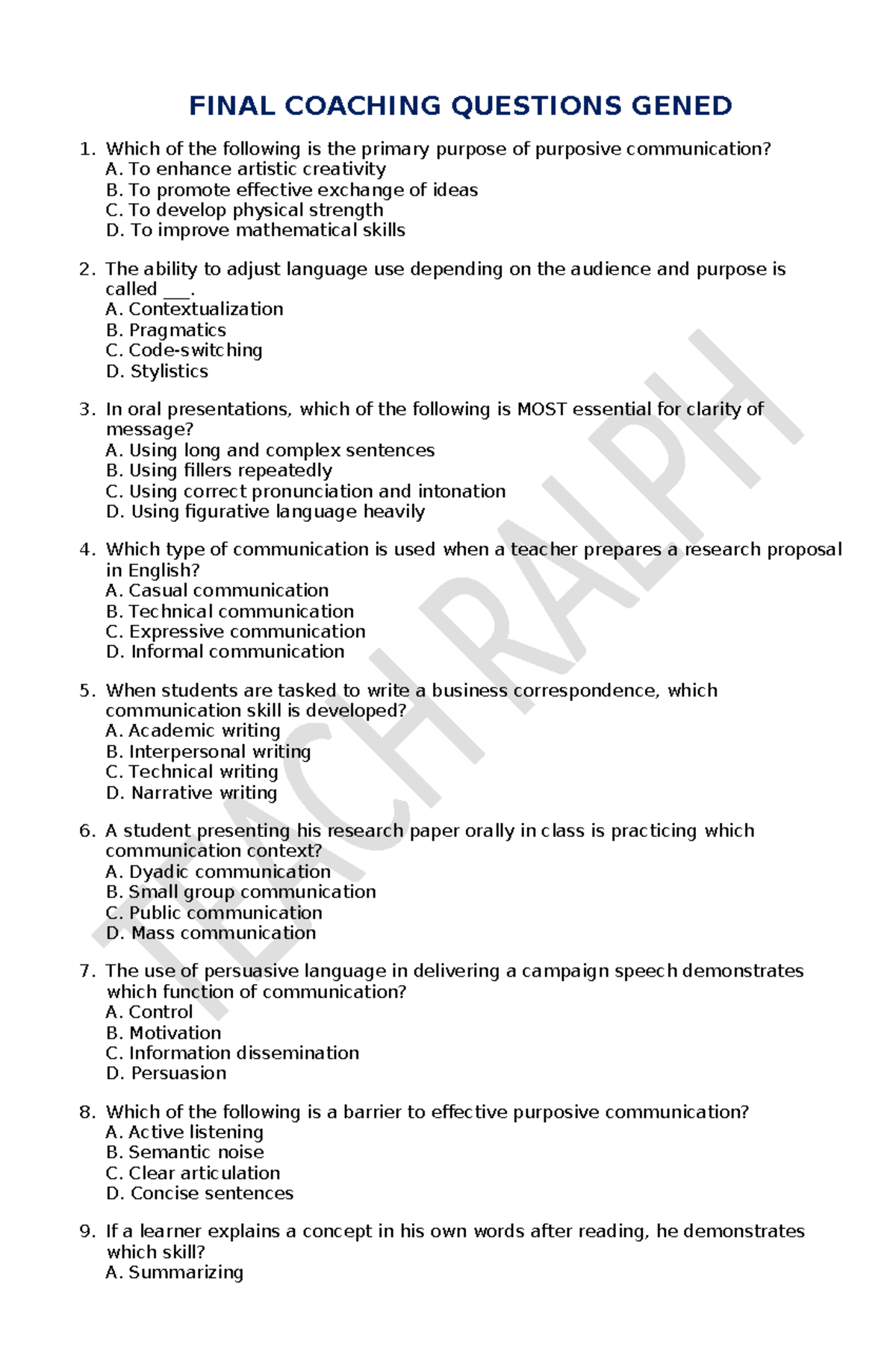 FINAL COACHING QUESTIONS GENED 1: Comprehensive Review Guide - Studocu