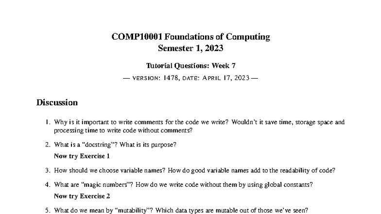 Foundations of Computing (COMP101) Semester 1, 2023 Week 7 Tutorial ...