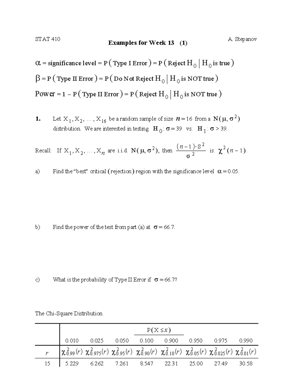 STAT 410 A. Week 13 Examples: Type I & II Errors and Power Analysis ...