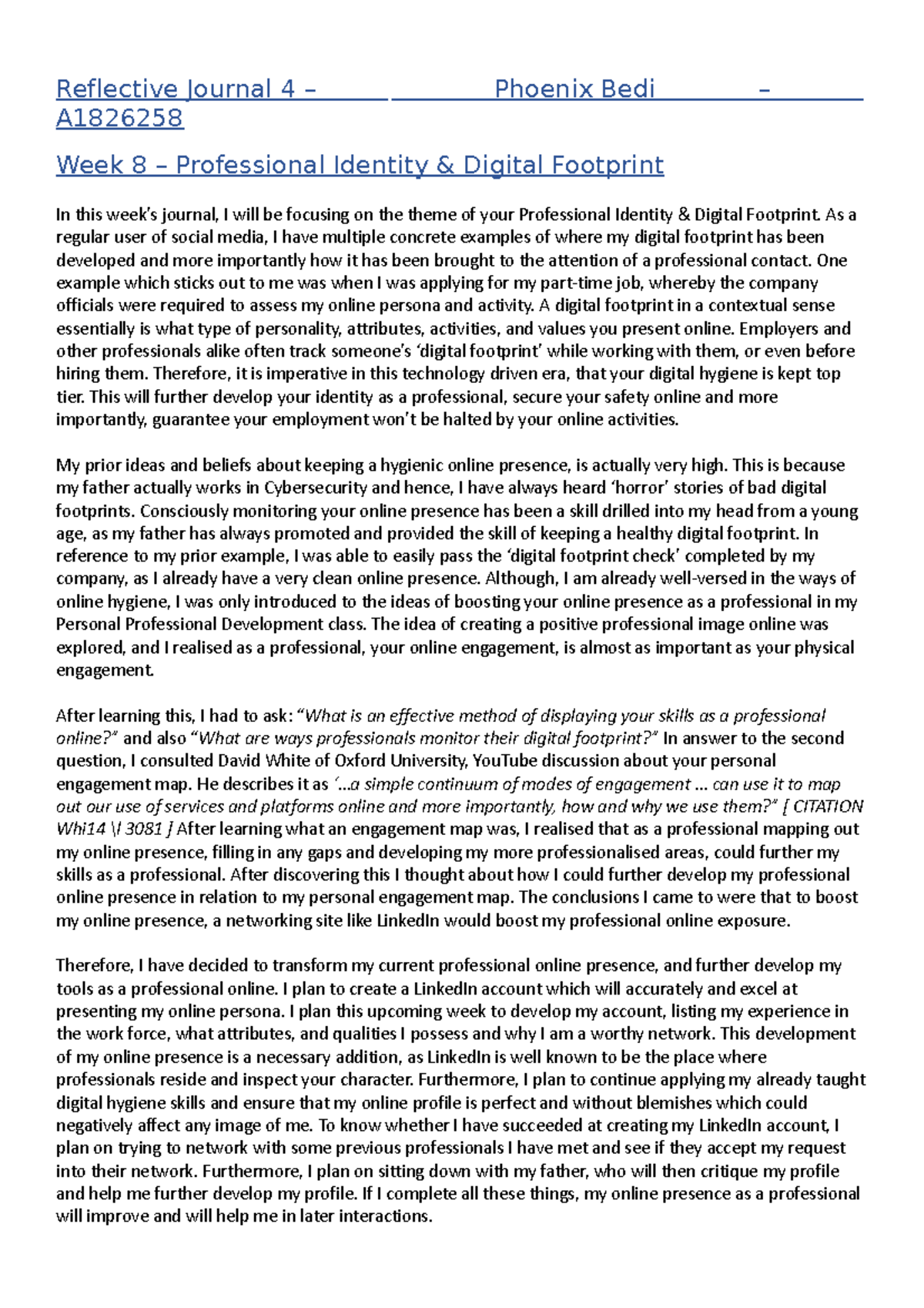 Reflective Journal 4 - Professional Identity & Digital Footprint - Studocu