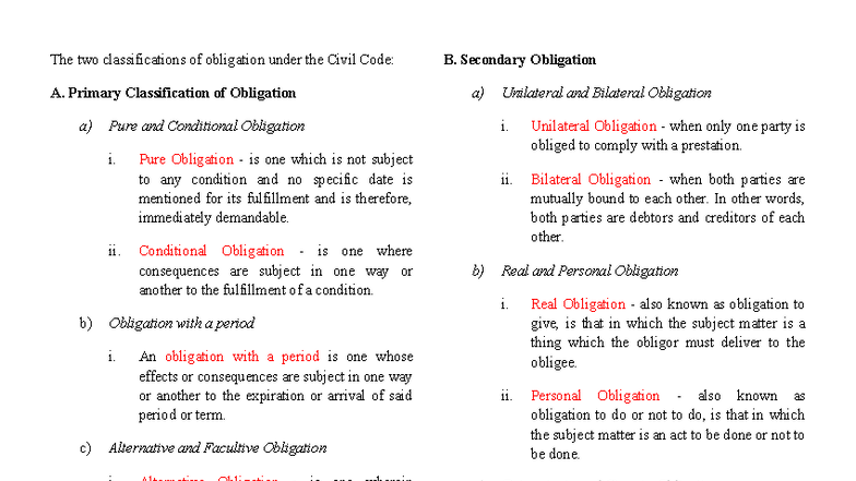 Civil Code Obligations: Primary & Secondary Classifications - Studocu