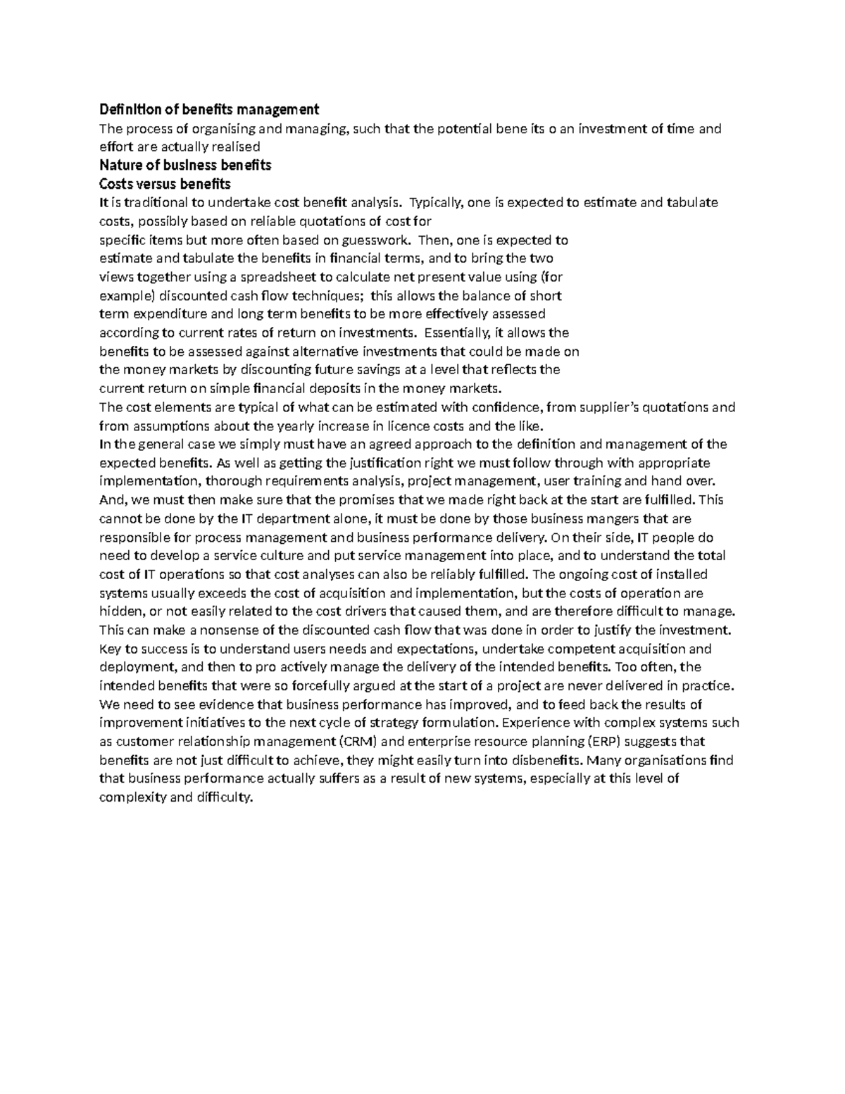 Imbok - information - Definition of benefits management The process of ...