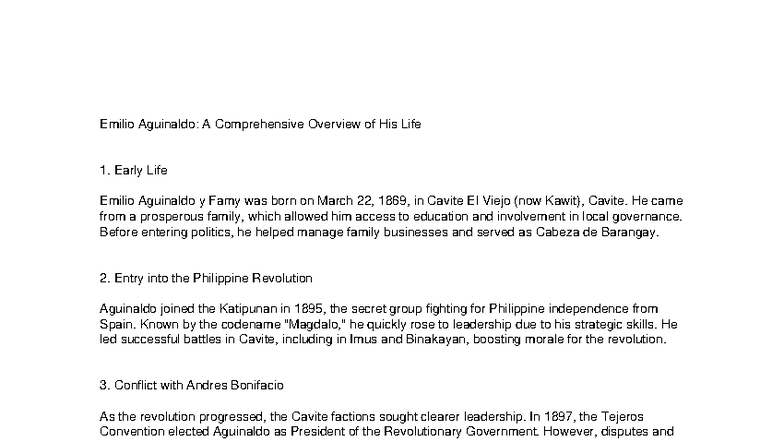 Emilio Aguinaldo: A Detailed Study of His Life and Legacy - Studocu