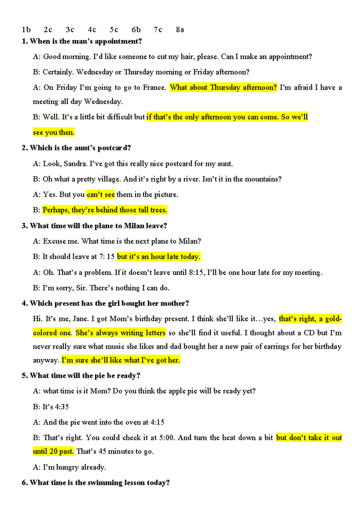 Answer Key P1: Listening Comprehension Exercises - Studocu