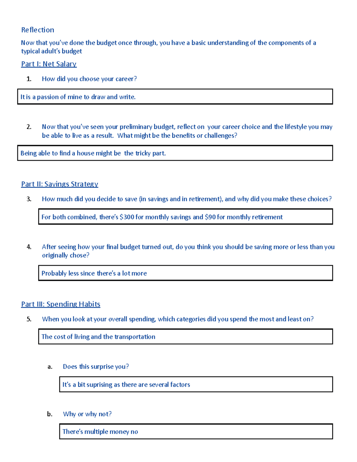 Budget Reflection - Reflection Now that you’ve done the budget once ...