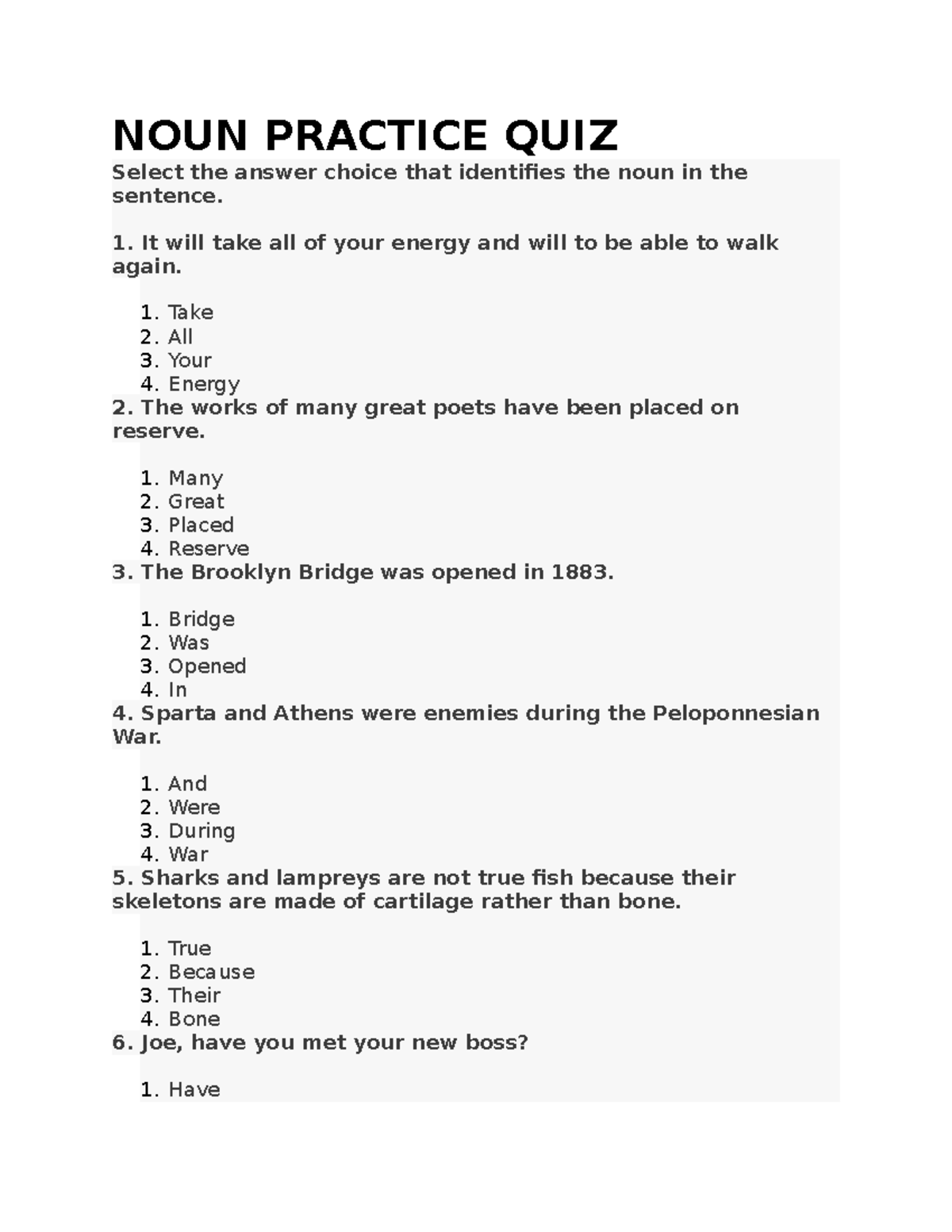 NOUN MCQS TEST - noun test - NOUN PRACTICE QUIZ Select the answer ...