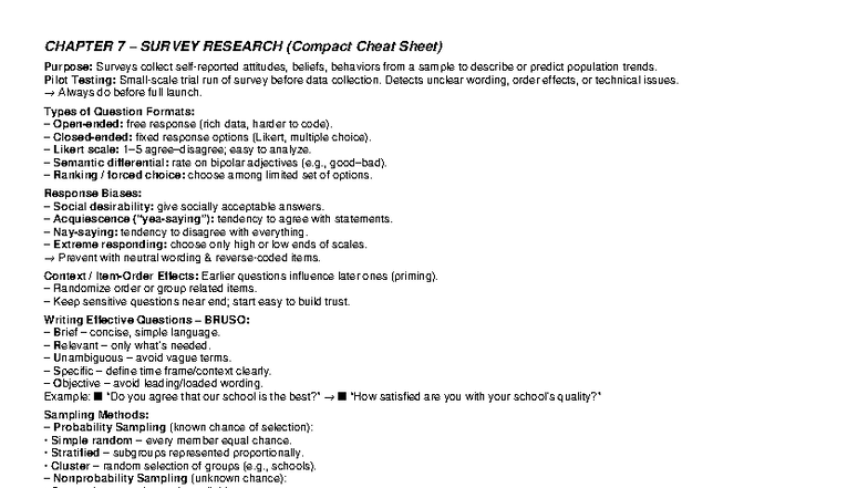 CHAPTER 7 SURVEY RESEARCH (Compact Cheat Sheet) - Studocu