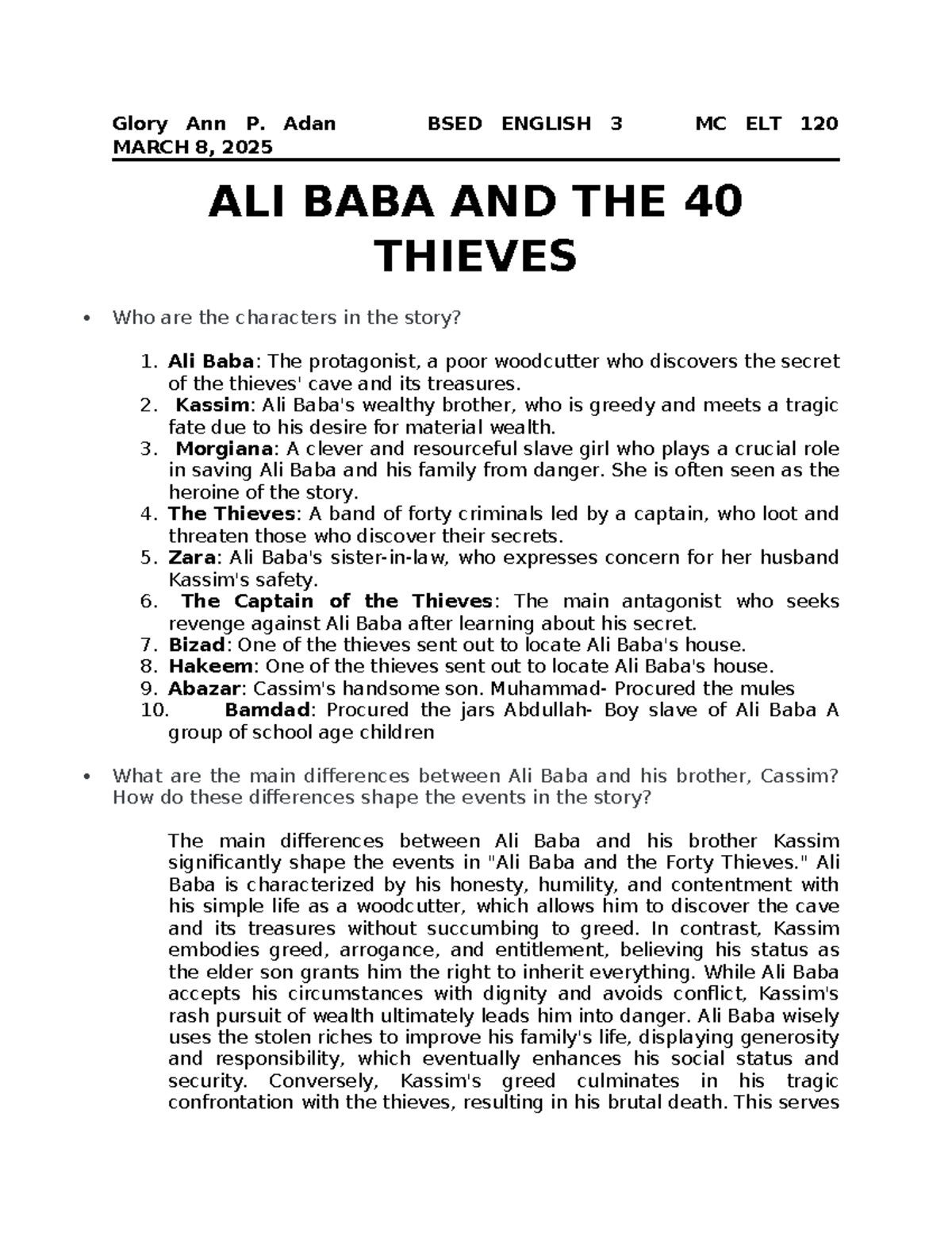 ADAN - LITERARY ANALYSIS OF "ALI BABA AND THE 40 THIEVES" - Studocu