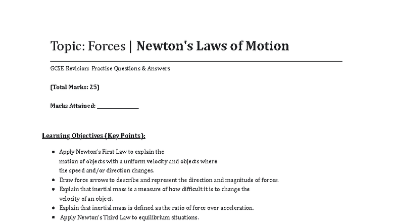 GCSE Physics: Forces & Newton's Laws of Motion Revision Questions - Studocu