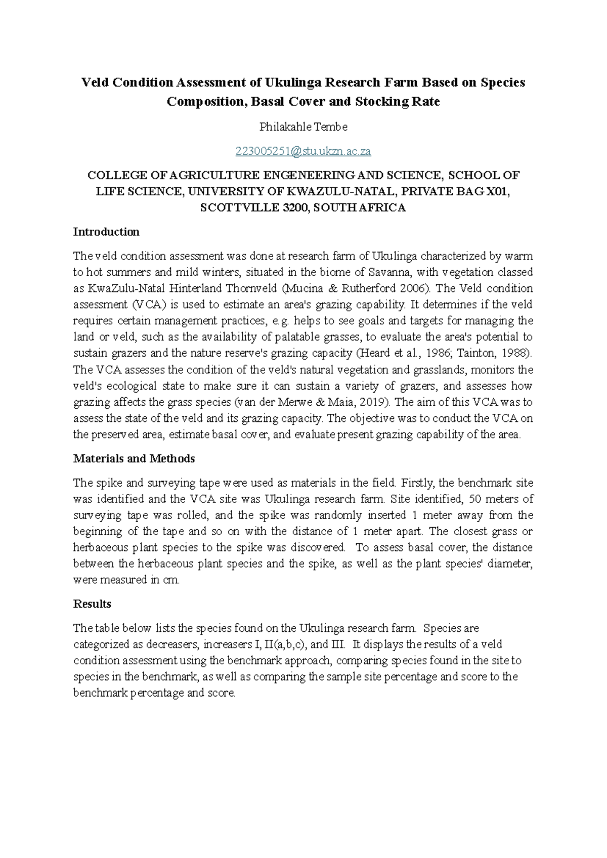 Veld Condition Assessment Report for Ukulinga Research Farm (BIOL223 ...