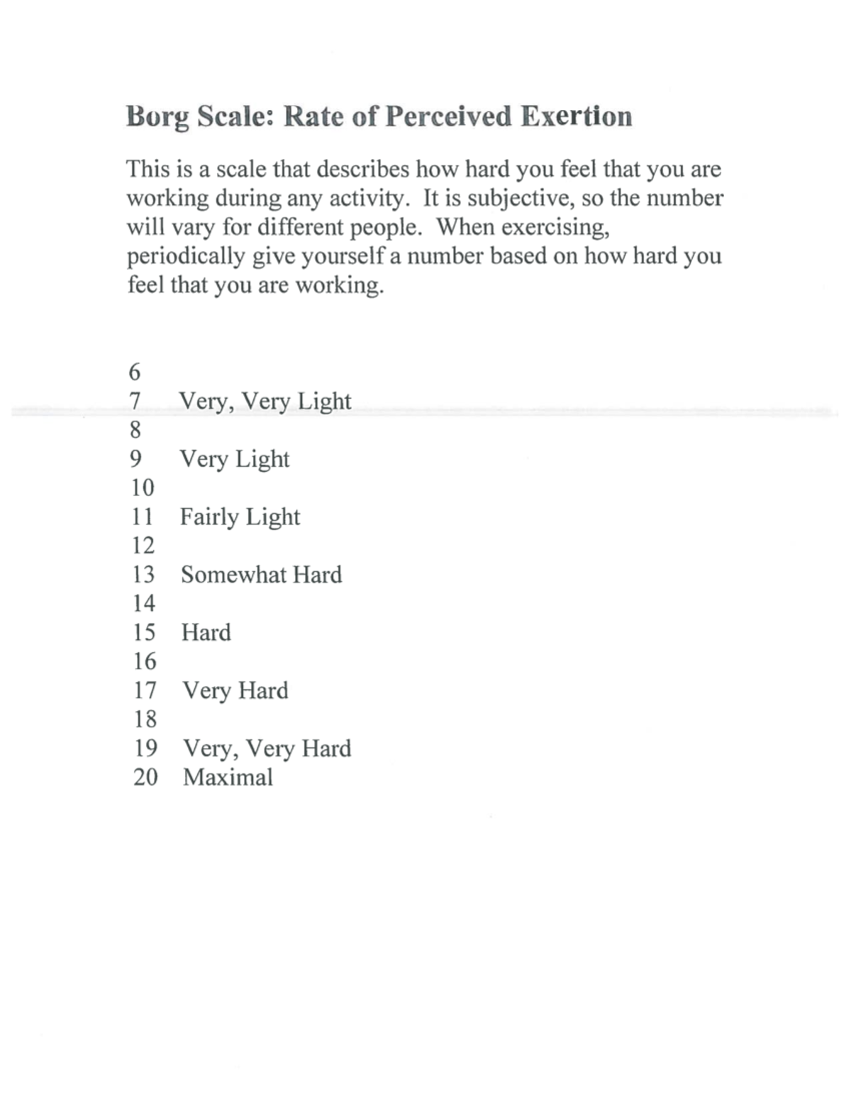 Practical Exam Packet - Exercise Tests & Scales - Borg Scale: Rate of ...