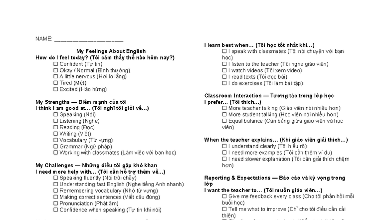 GN First Day: My Feelings and Learning Habits in English - Studocu