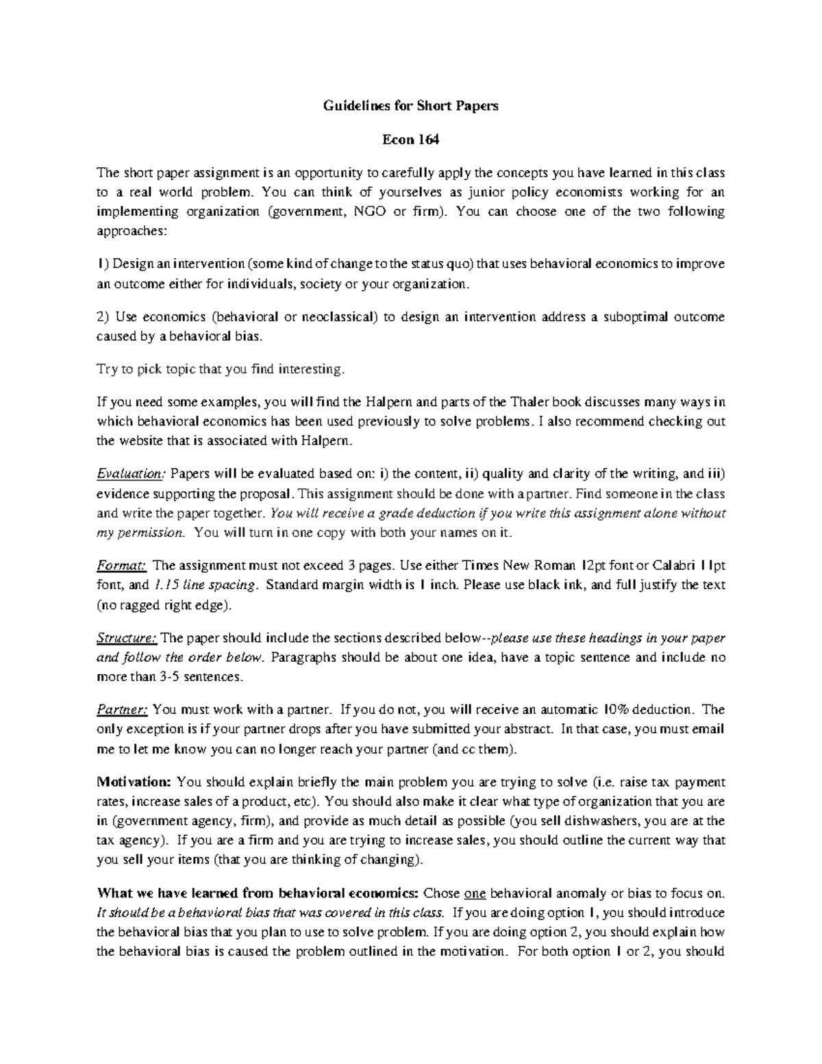 Econ 164 Short Paper Guidelines - Guidelines for Short Papers Econ 164 ...