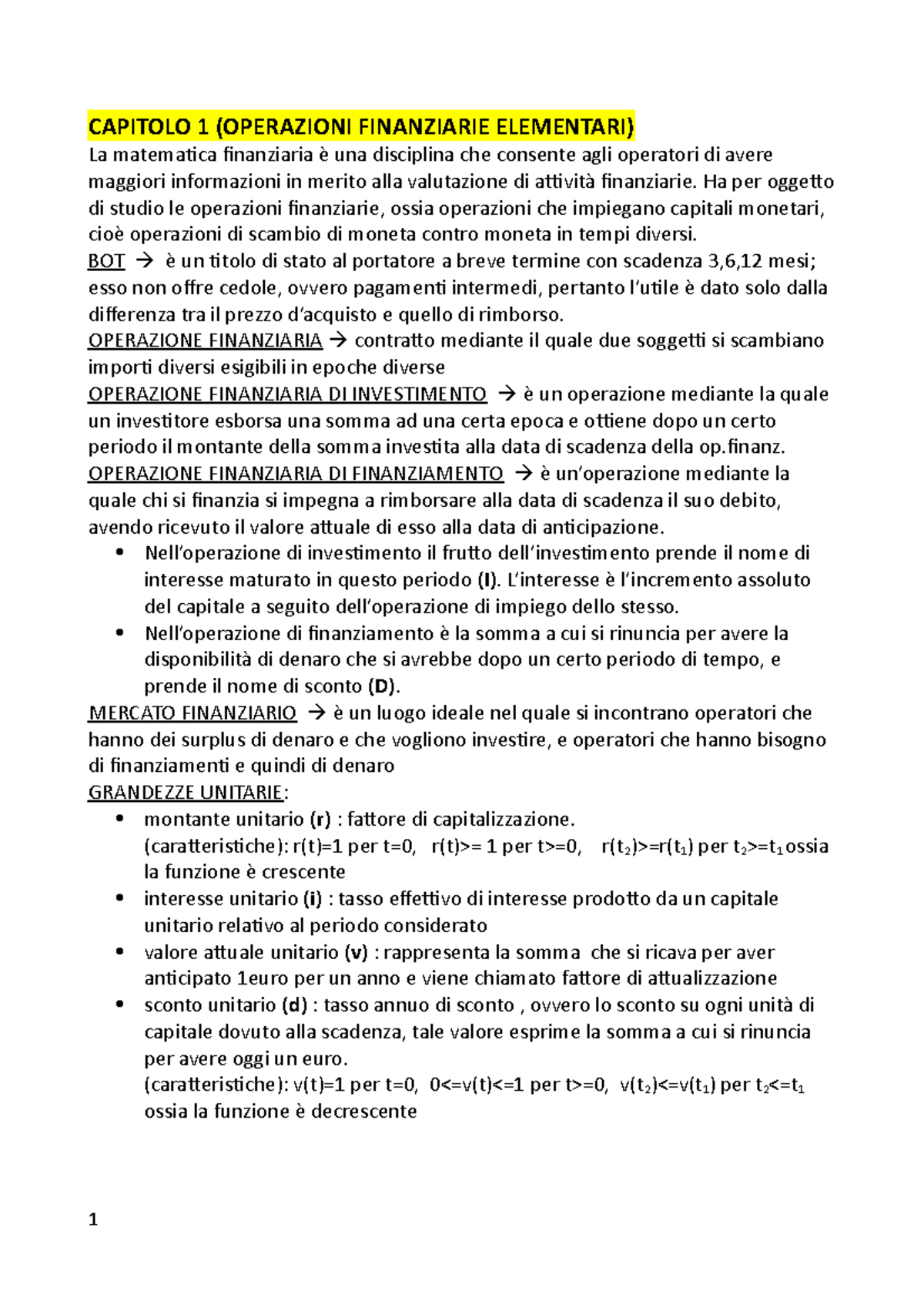 Riassunto Matematica Finanziaria - CAPITOLO 1 (OPERAZIONI FINANZIARIE ...