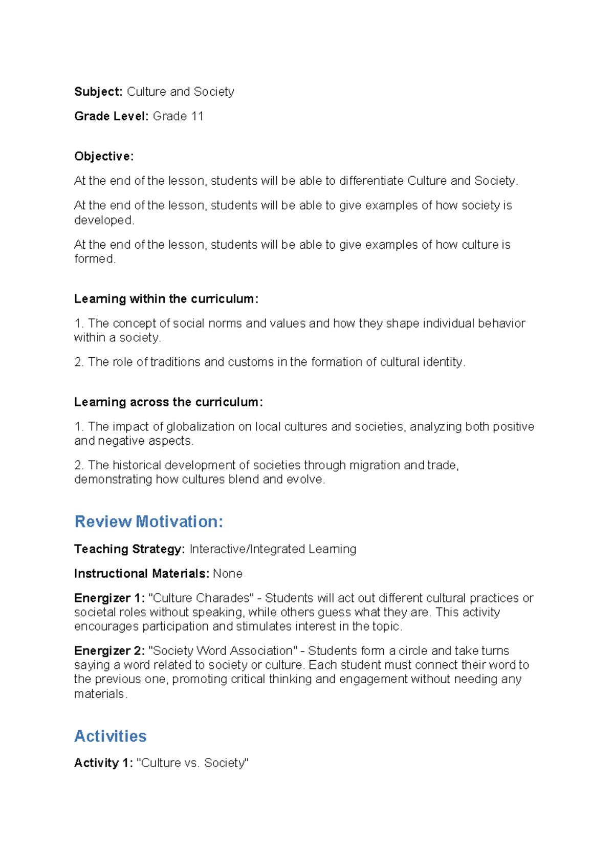 Lesson plan - Subject: Culture and Society Grade Level: Grade 11 ...