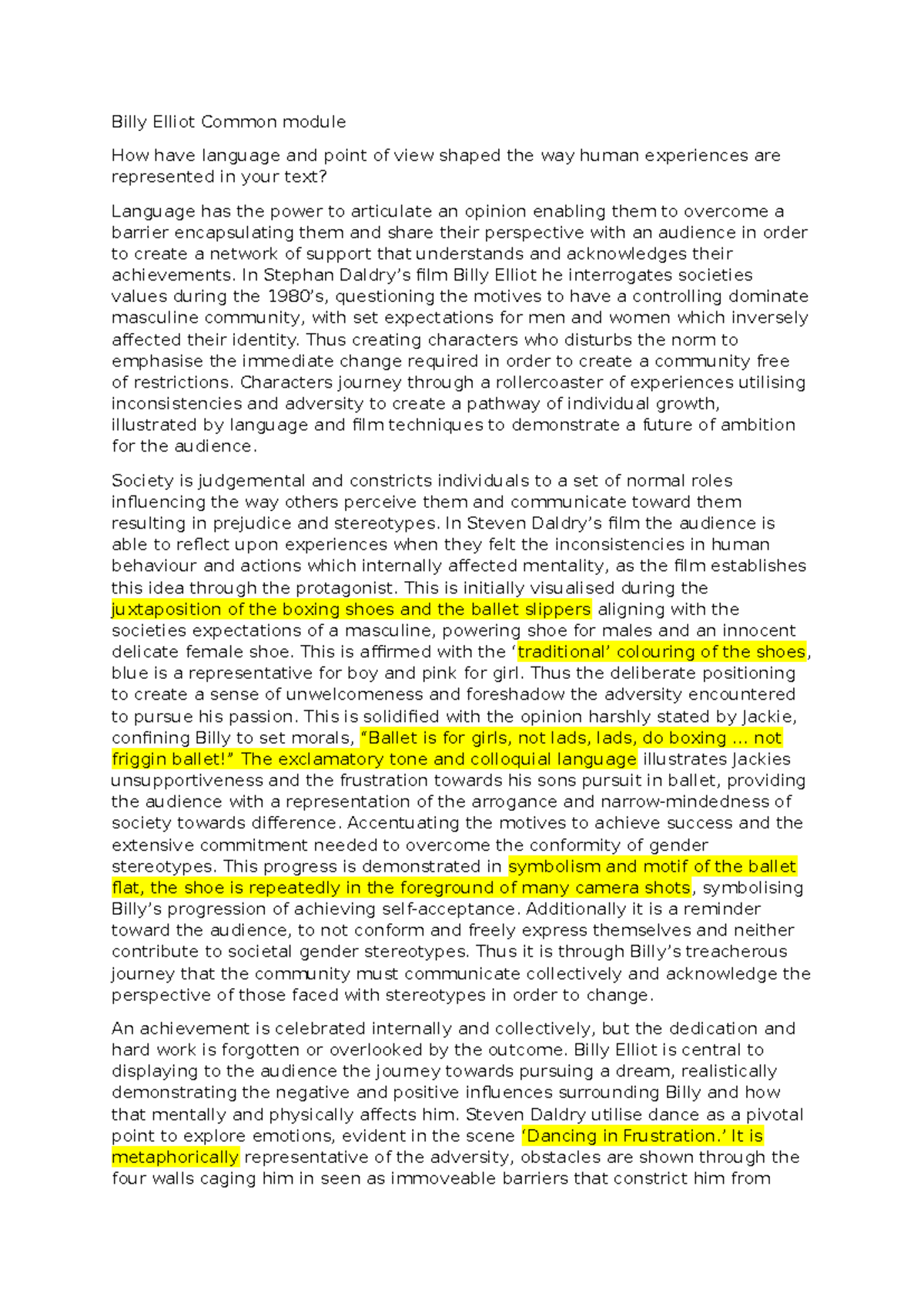 Common Module Essay Notes: Language & POV in Billy Elliot - Studocu